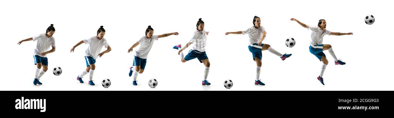 Confident football player in motion and action isolated on white ...