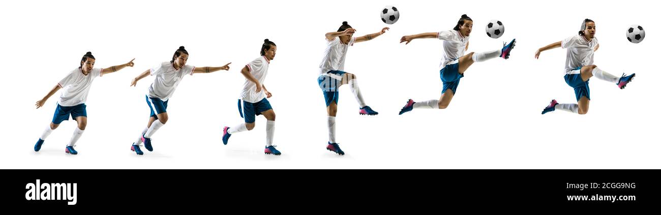 Confident football player in motion and action isolated on white ...