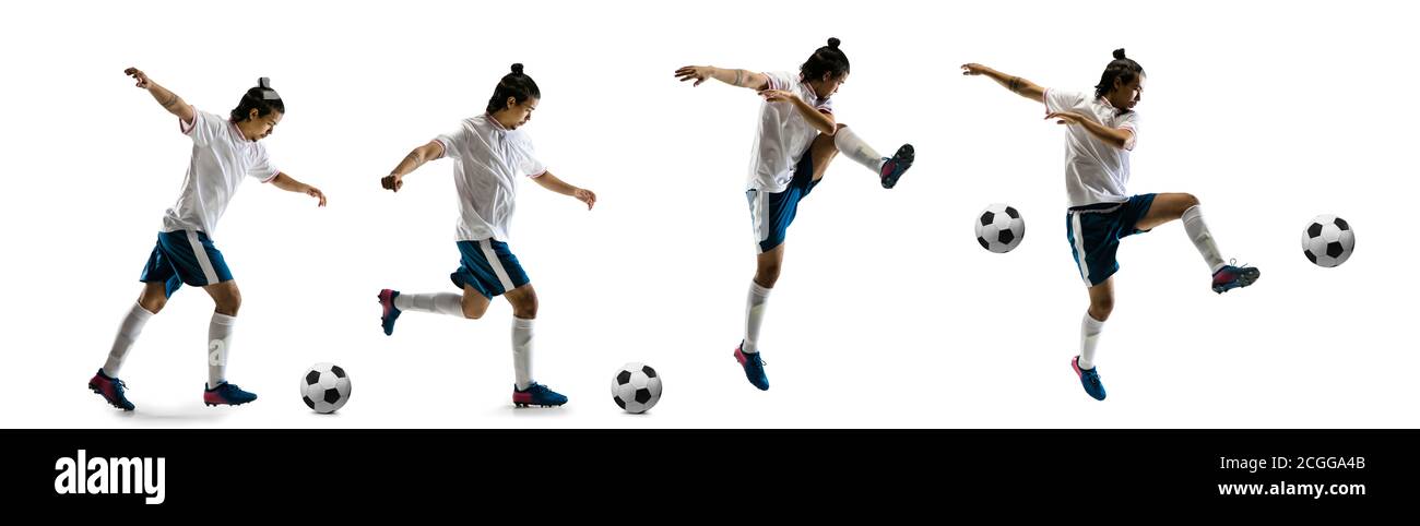 Confident football player in motion and action isolated on white ...