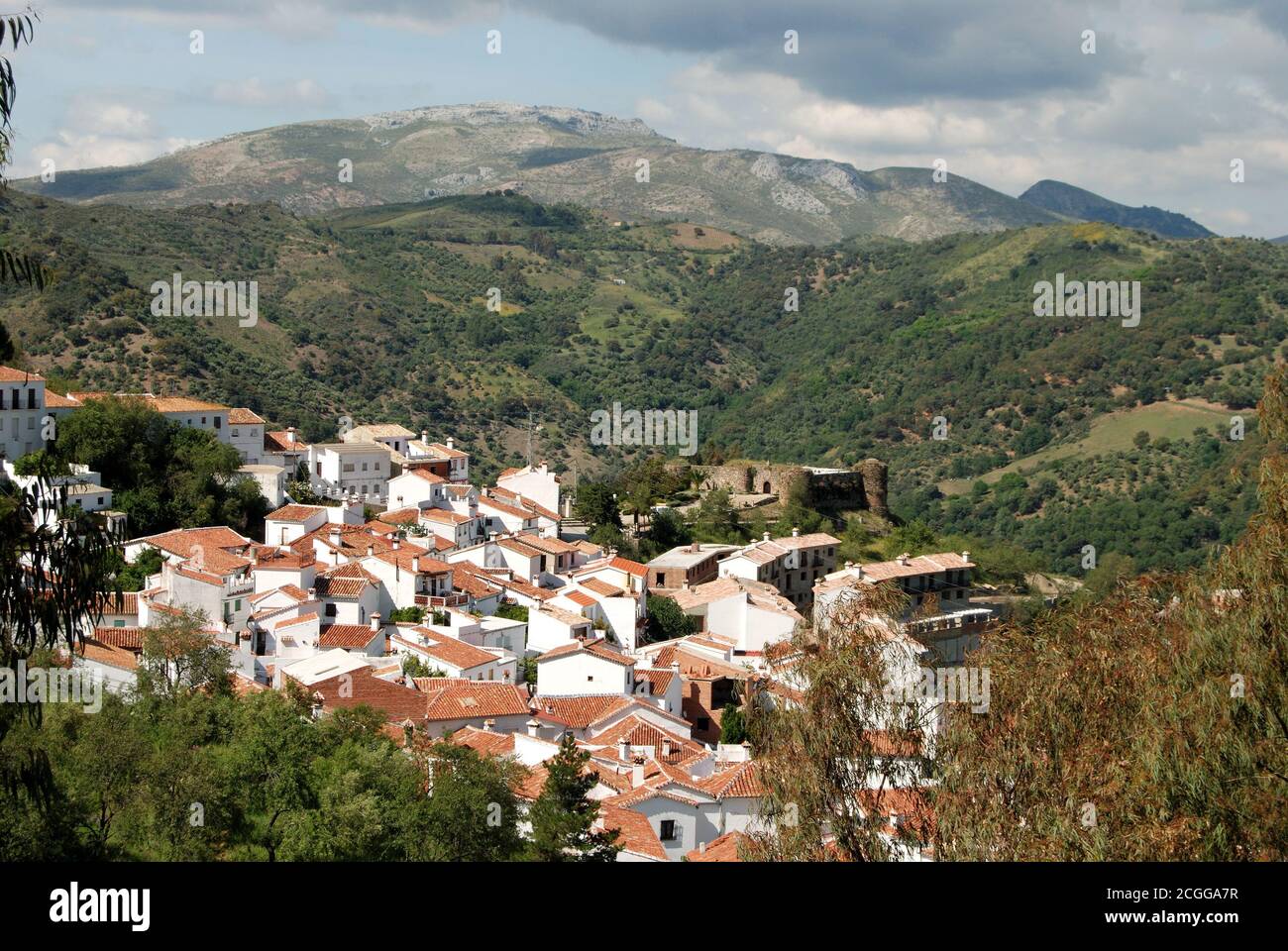 Elevated view of the town and castle in the mountains, Benadalid ...