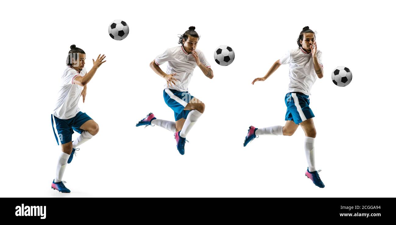 Energy. Football player in motion and action isolated on white ...