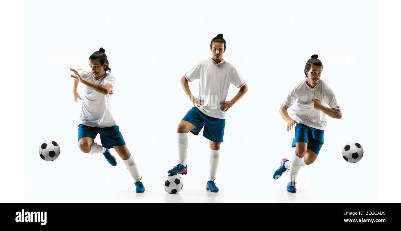 Energy. Football player in motion and action isolated on white ...