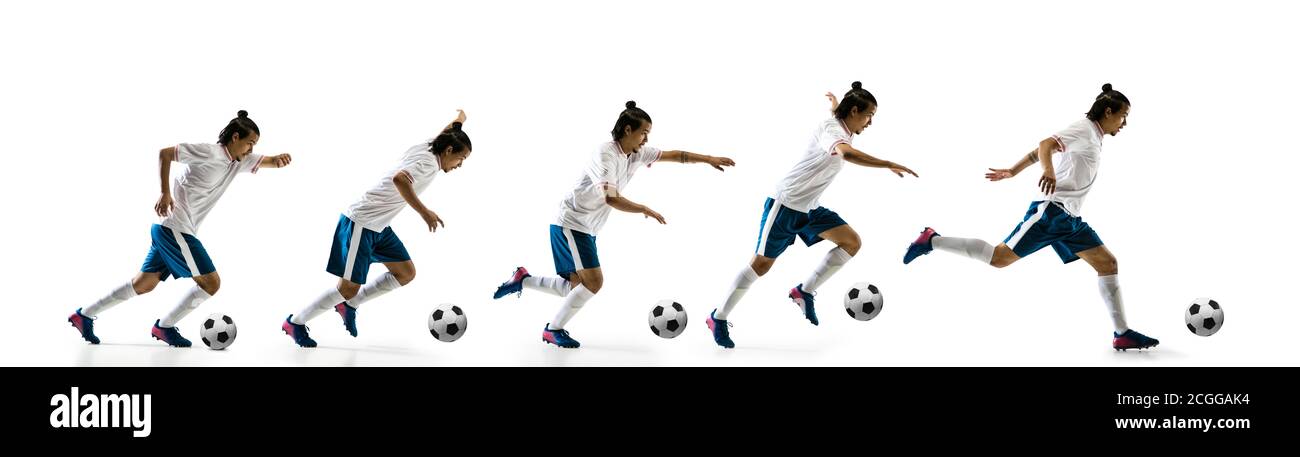 Flying. Football player in motion and action isolated on white ...