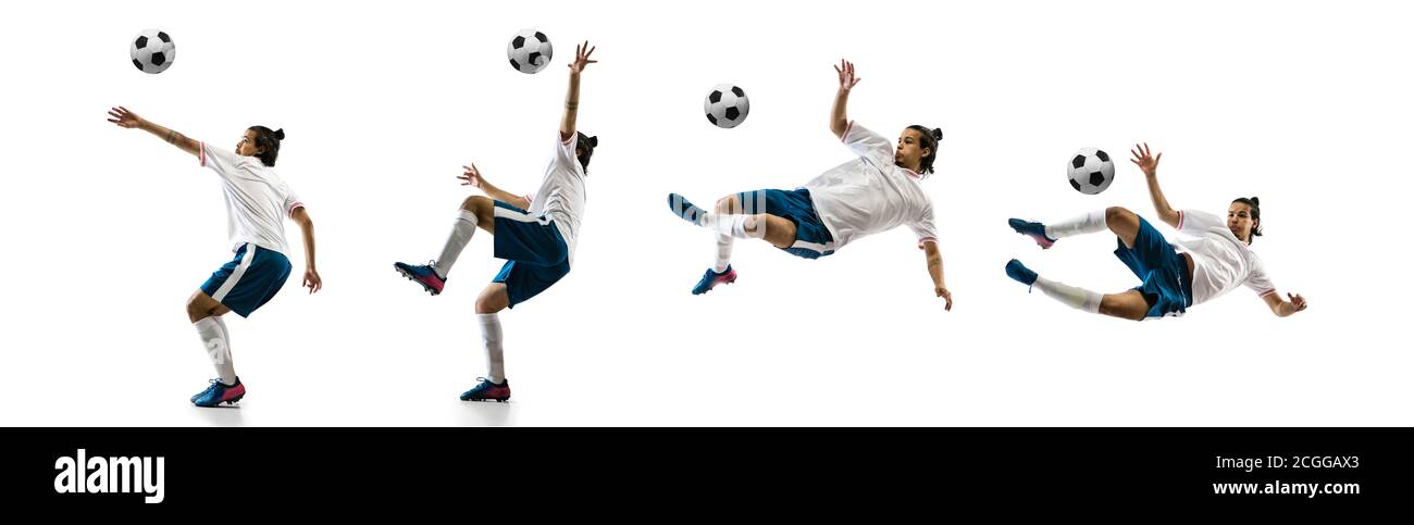 Flying. Football player in motion and action isolated on white ...