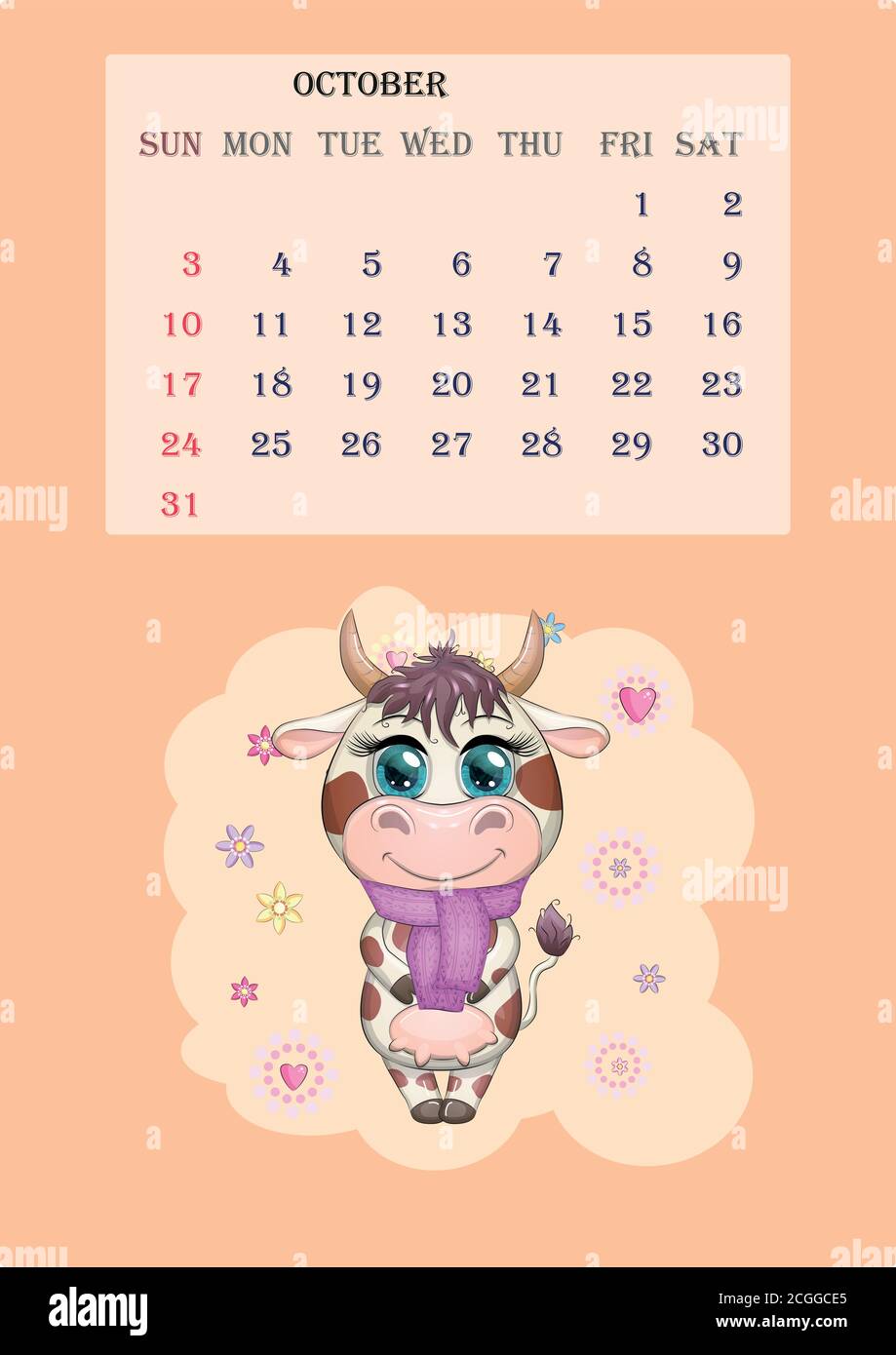 Calendar 2021. Cute bull and cow for every month Stock Vector Image ...