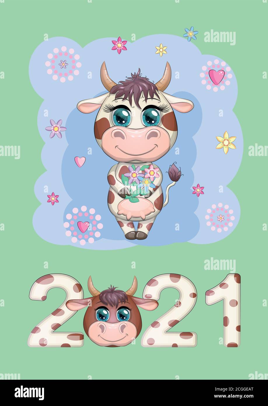 Calendar 2021. Cute bull and cow for every month Stock Vector Image ...