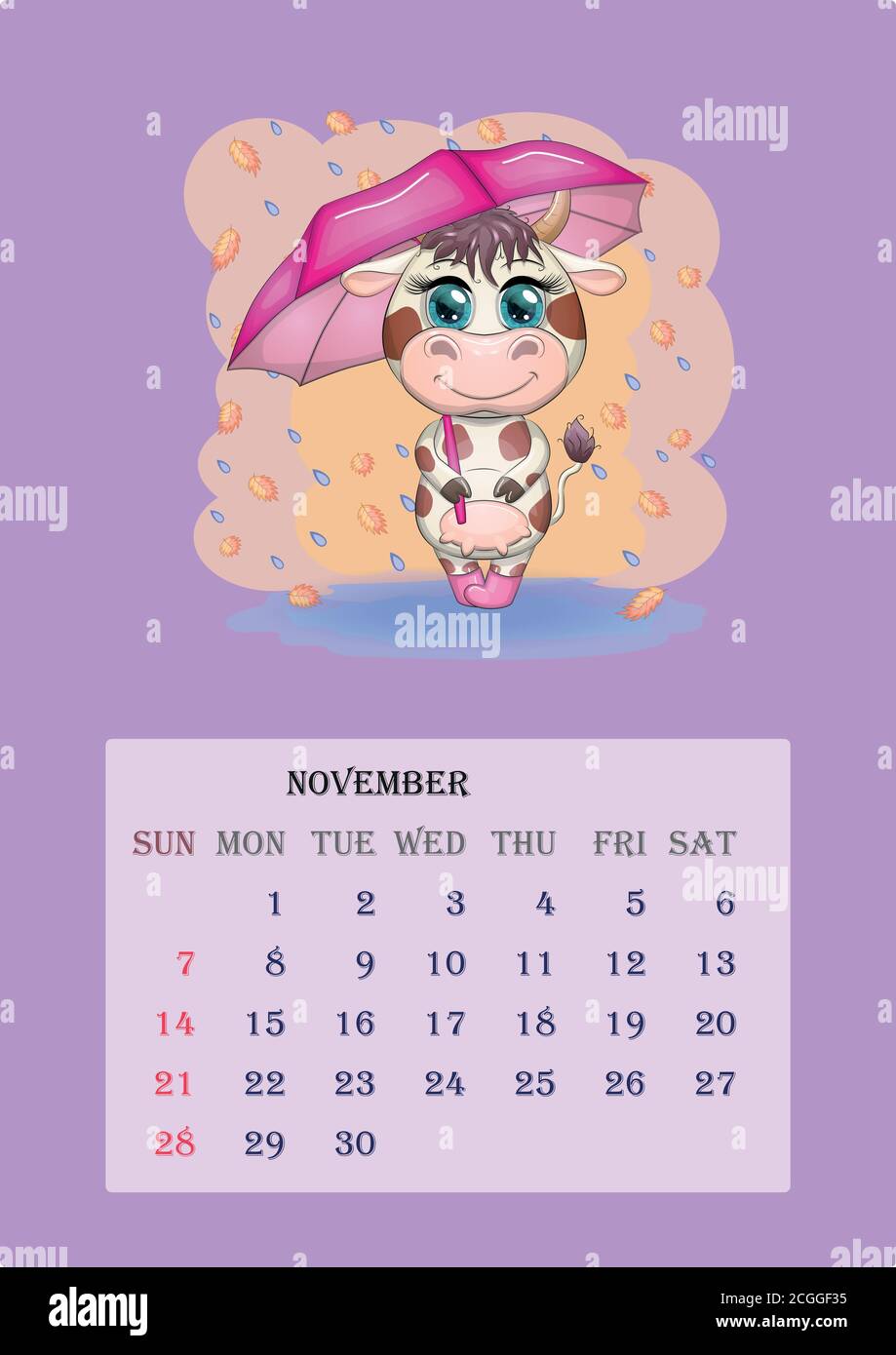 Calendar 2021. Cute bull and cow for every month Stock Vector Image ...