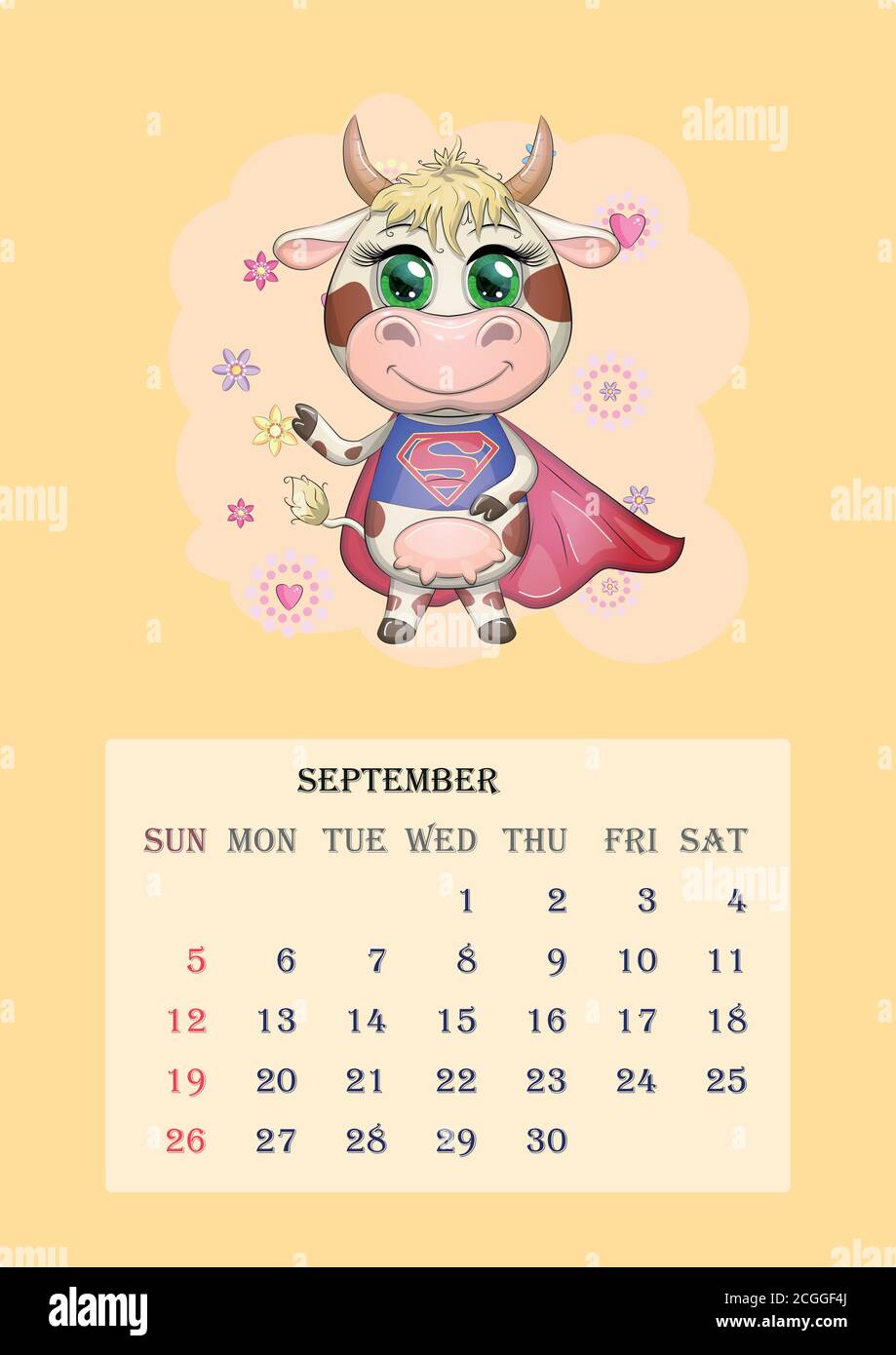Calendar 2021. Cute bull and cow for every month Stock Vector Image ...