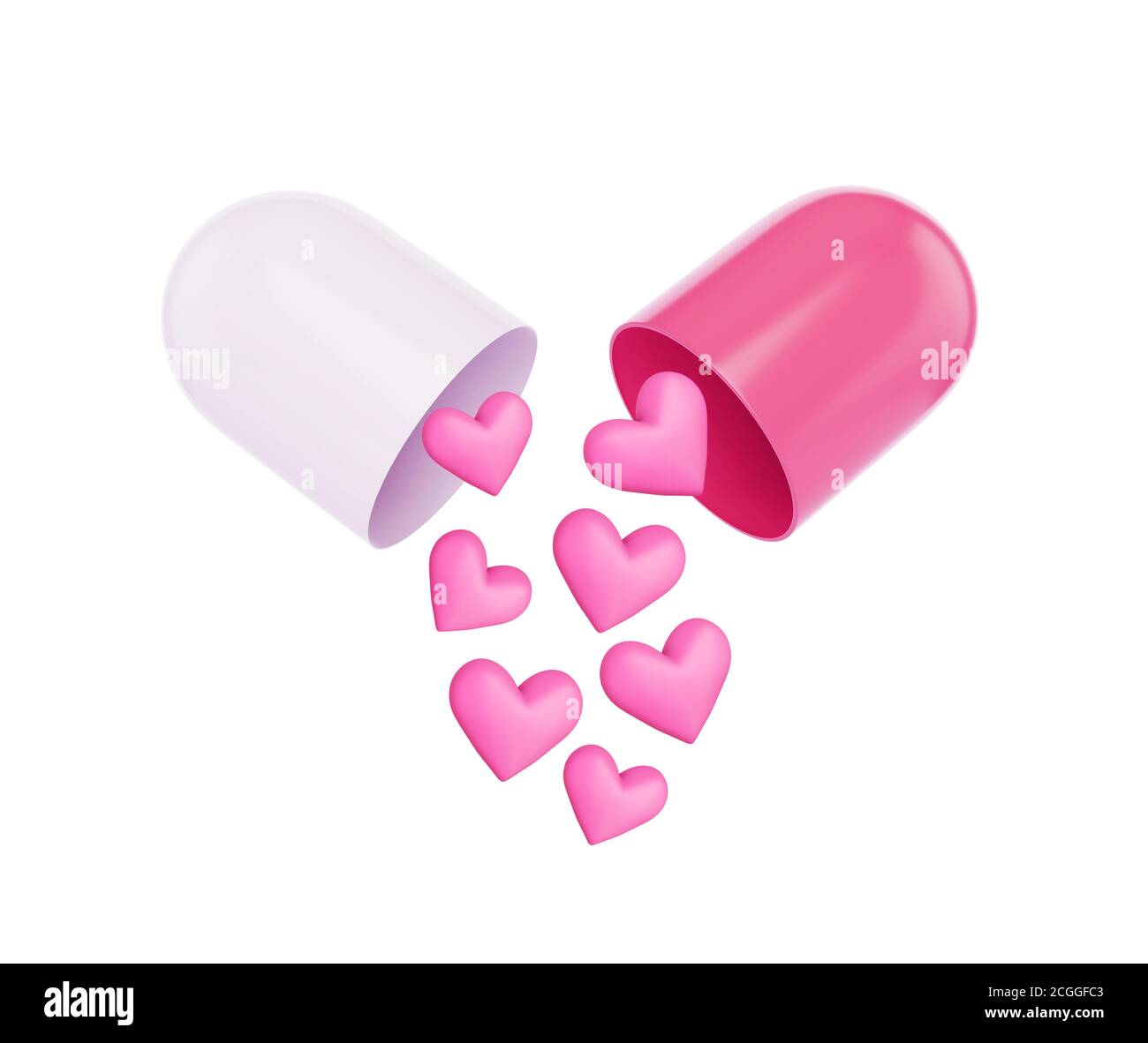 Opened capsule pill with falling hearts isolated on white background ...