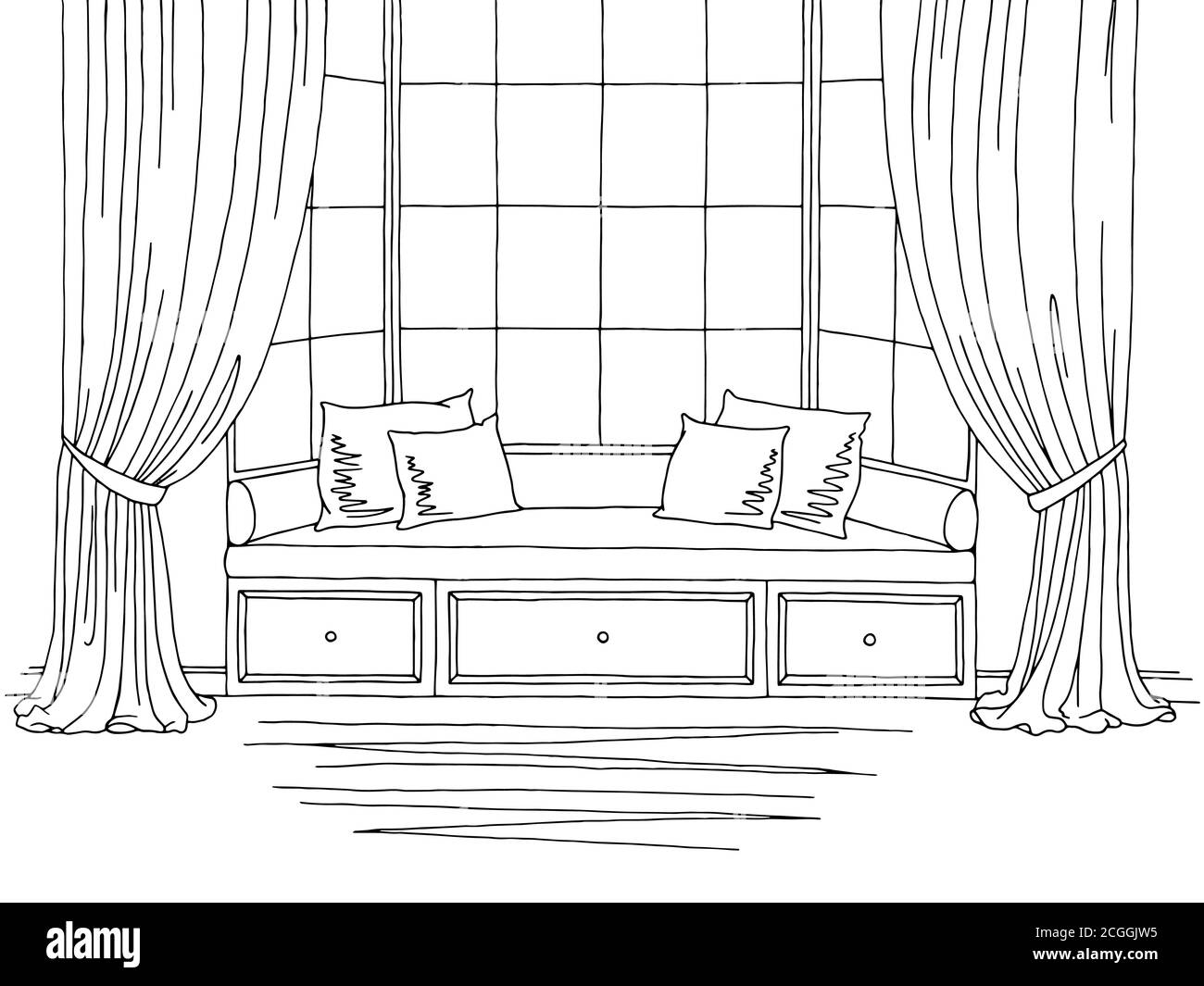 Bay window graphic black white interior sketch illustration vector ...