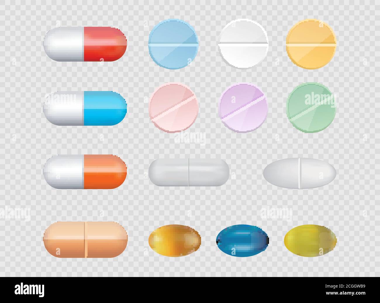 Vector illustration of different medicinal drugs, tablets and pills on ...