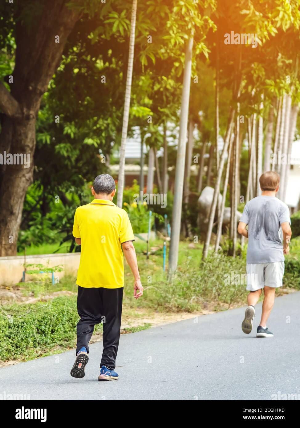 Back view portrait of a Asian elderly man in fitness wear walking and ...