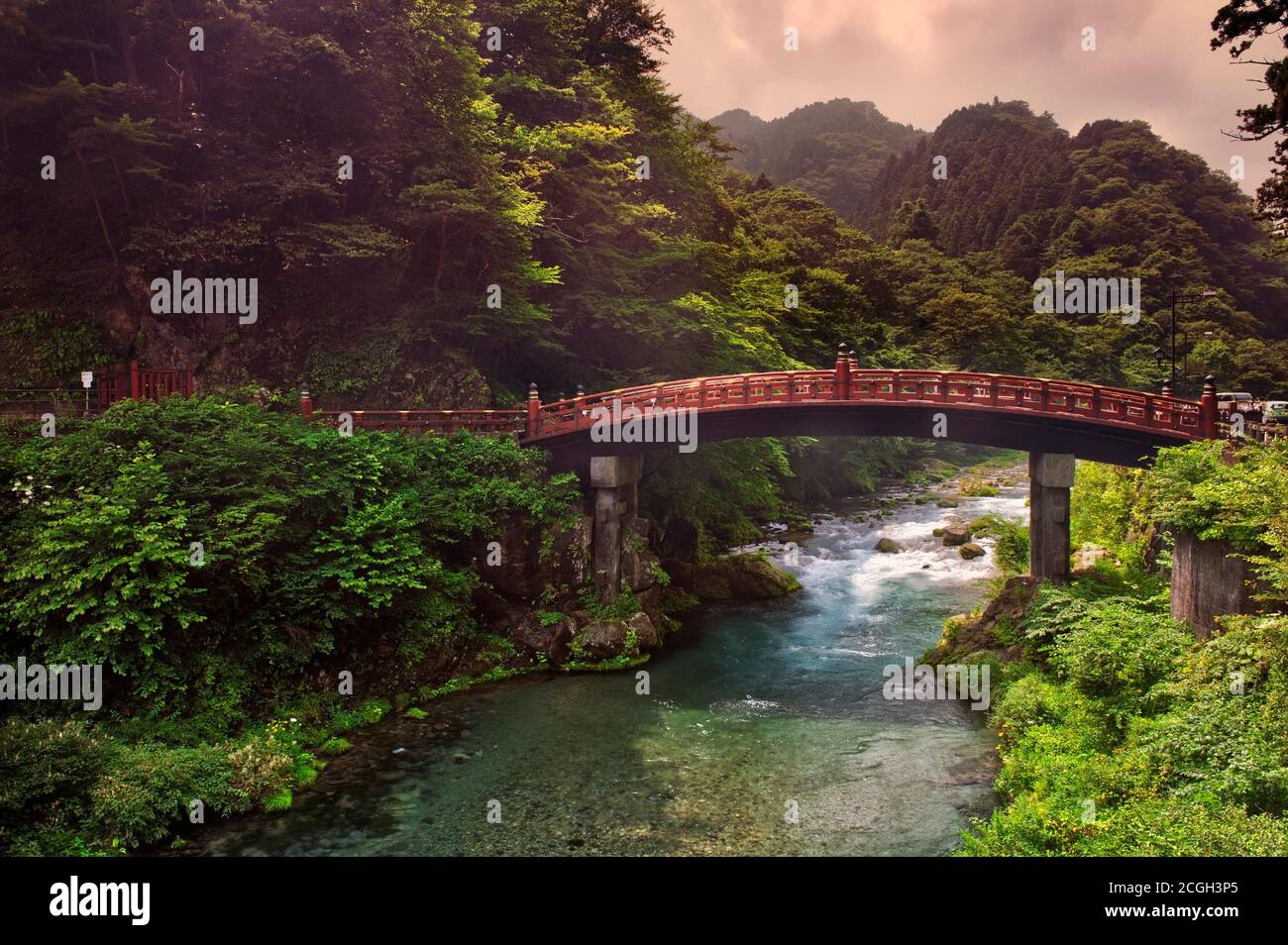 Red sacred bridge Shinkyo in Nikko, Japan and a mist rising from the river Stock Photo - Alamy