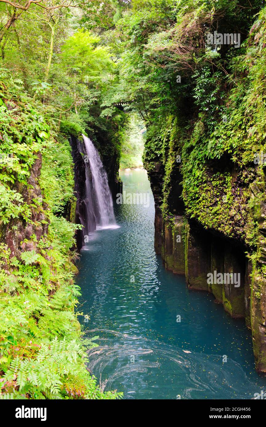 Beautiful gorge Takachiho with a blue river and waterfall, Japan ...