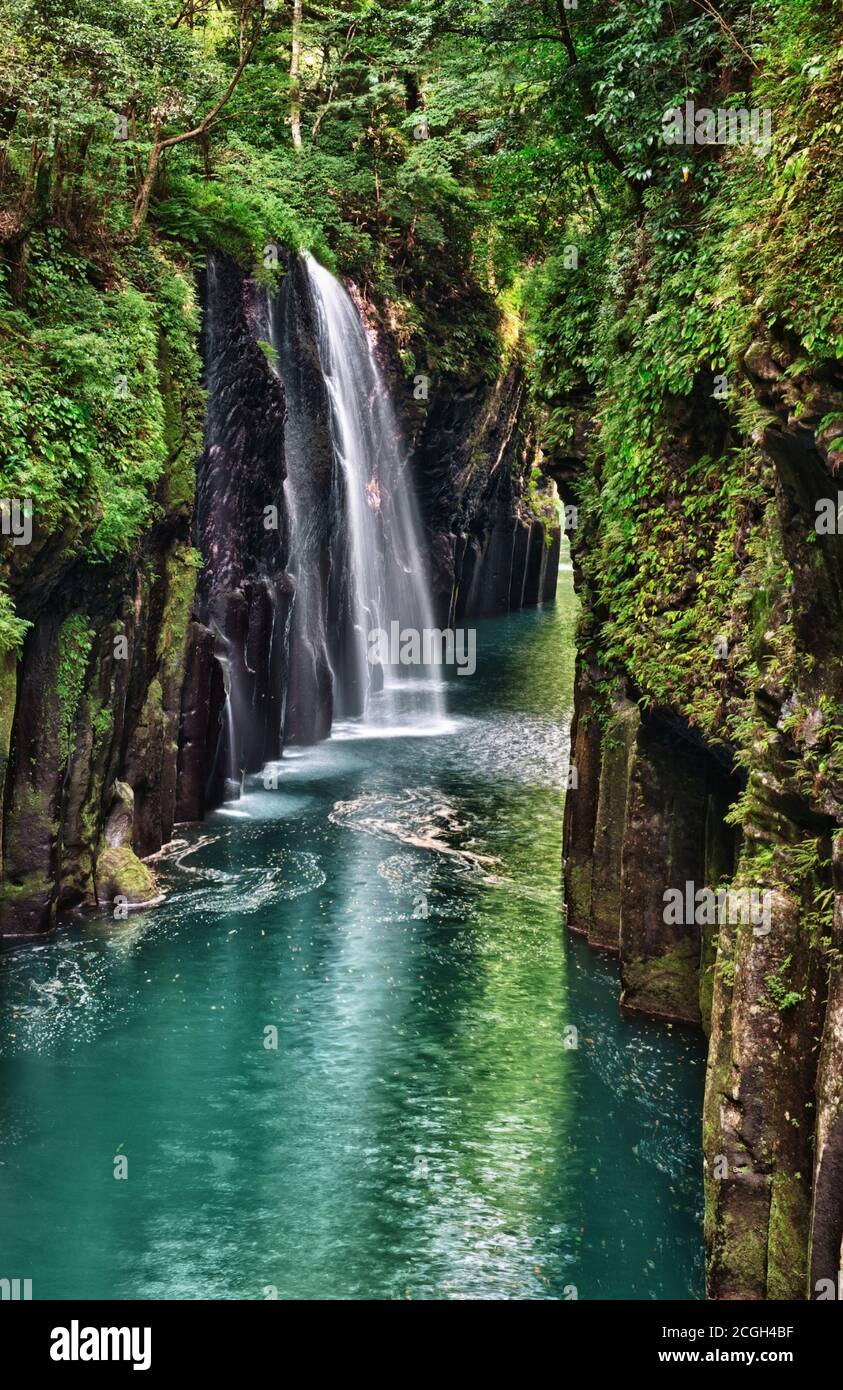 Beautiful gorge Takachiho with a blue river and waterfall, Japan ...