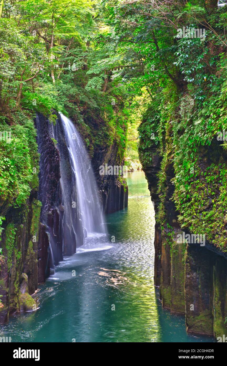 Beautiful gorge Takachiho with a blue river and waterfall, Japan ...