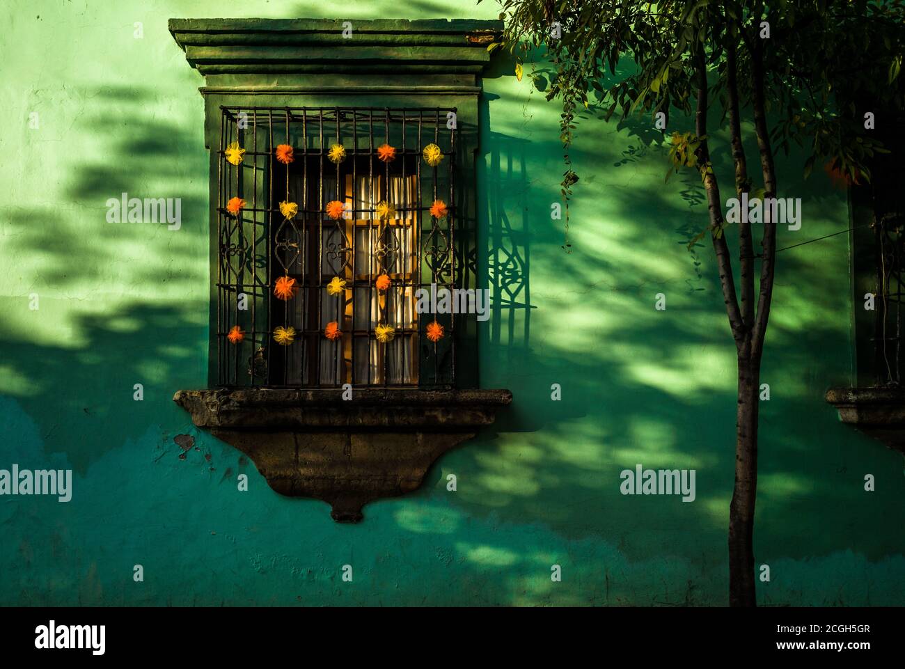 A window of colonial house is seen decorated with artificial flowers ...