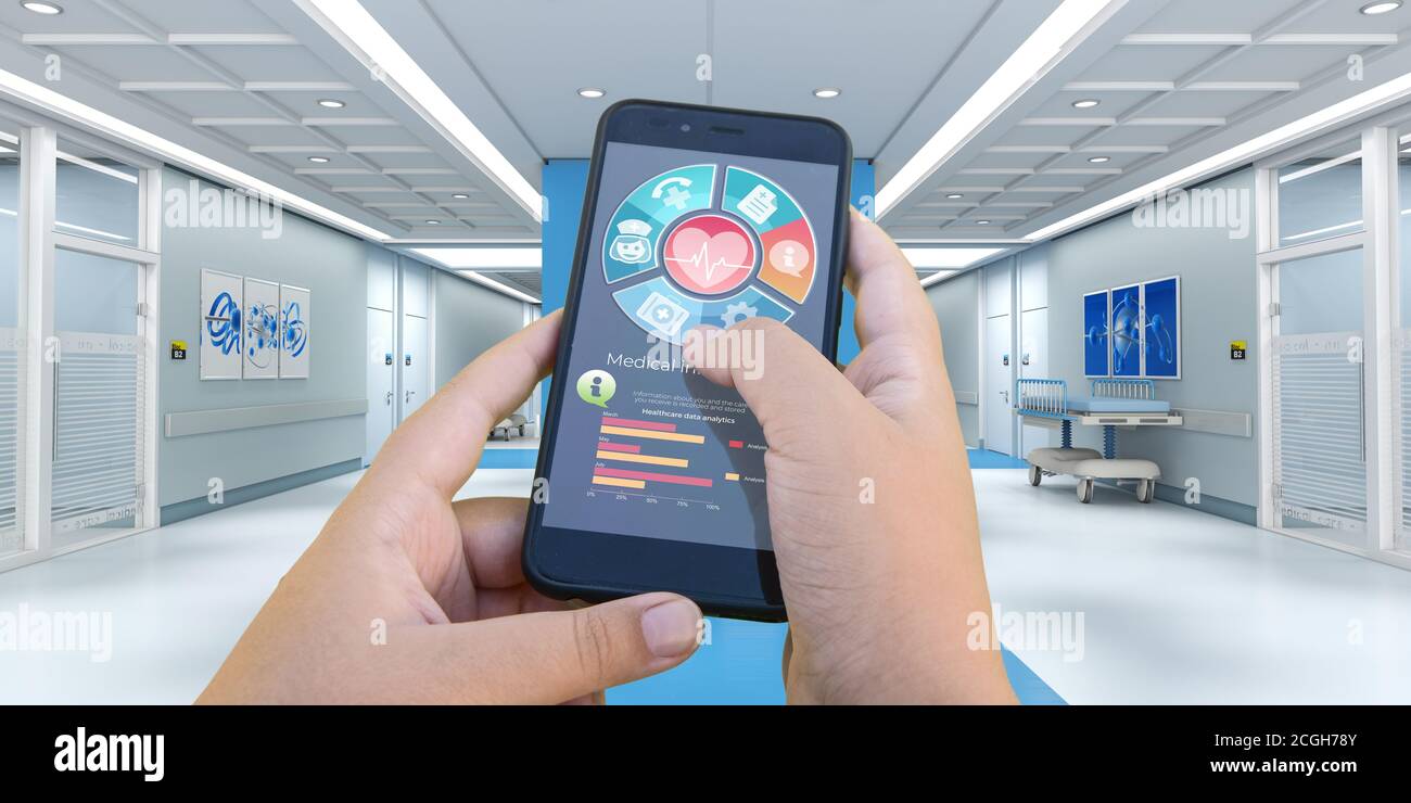 3D rendering of a healthcare app and a hospital interior Stock Photo ...