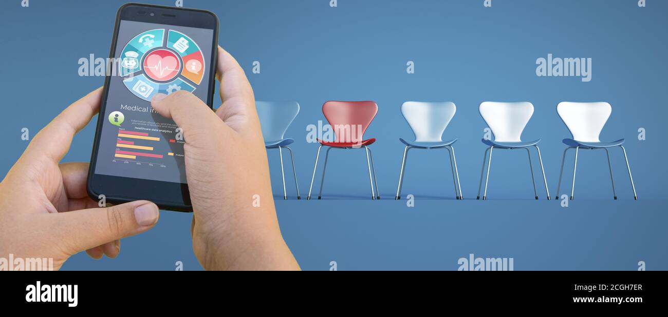 3D rendering of a healthcare app and a waiting room with a red chair ...