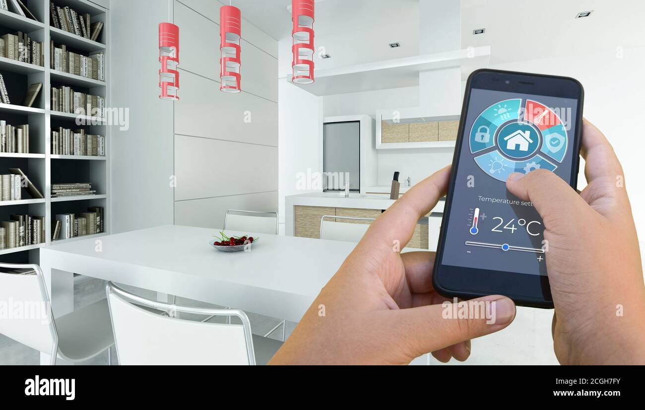 3D rendering of a modern interior controlled by a smartphone app Stock ...