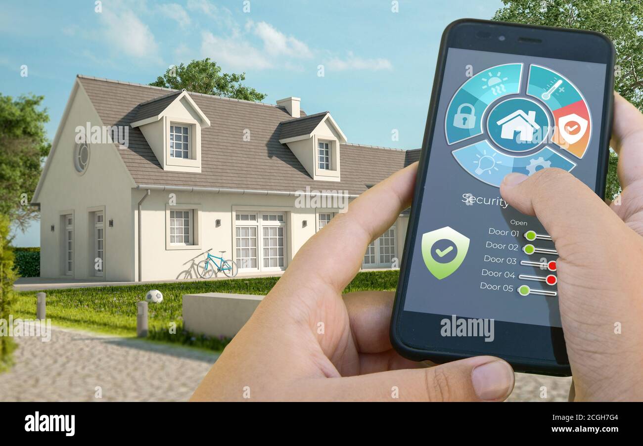 3D rendering of a classical house controlled by an automation home app ...