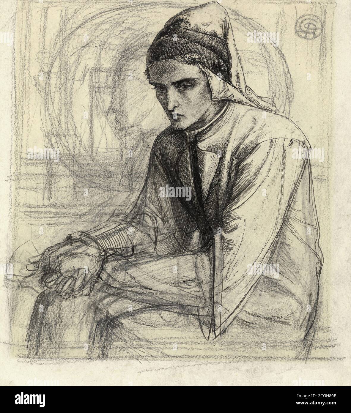 rossetti, dante gabriel - Dante in Meditation Holding a Pomegranate ...