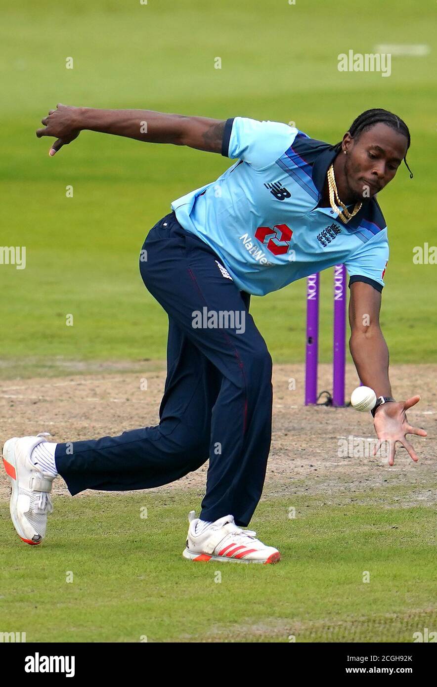 England's Jofra Archer collects the ball during the first Royal London ...