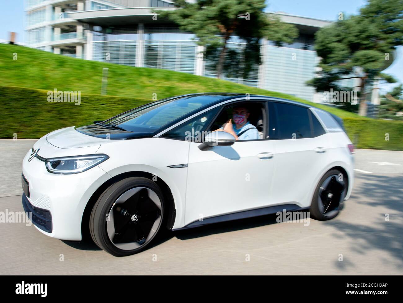 Wolfsburg Germany. 11th Sep 2020. Oliver Nicolai one of the first customers drives his new VW ID.3 at a press event for the delivery of the first Volkswagen electric cars in the