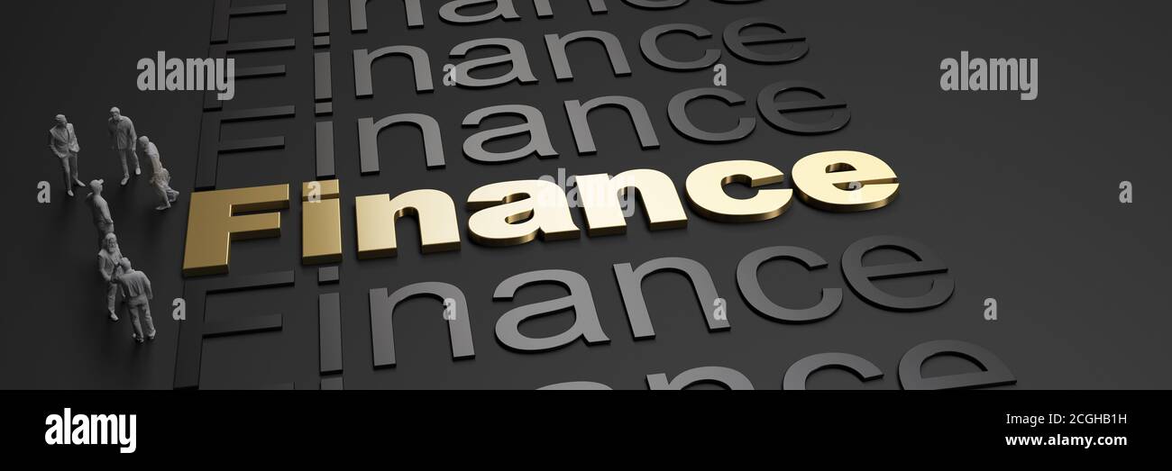 3D rendering of the word finance in golden letters against a black ...