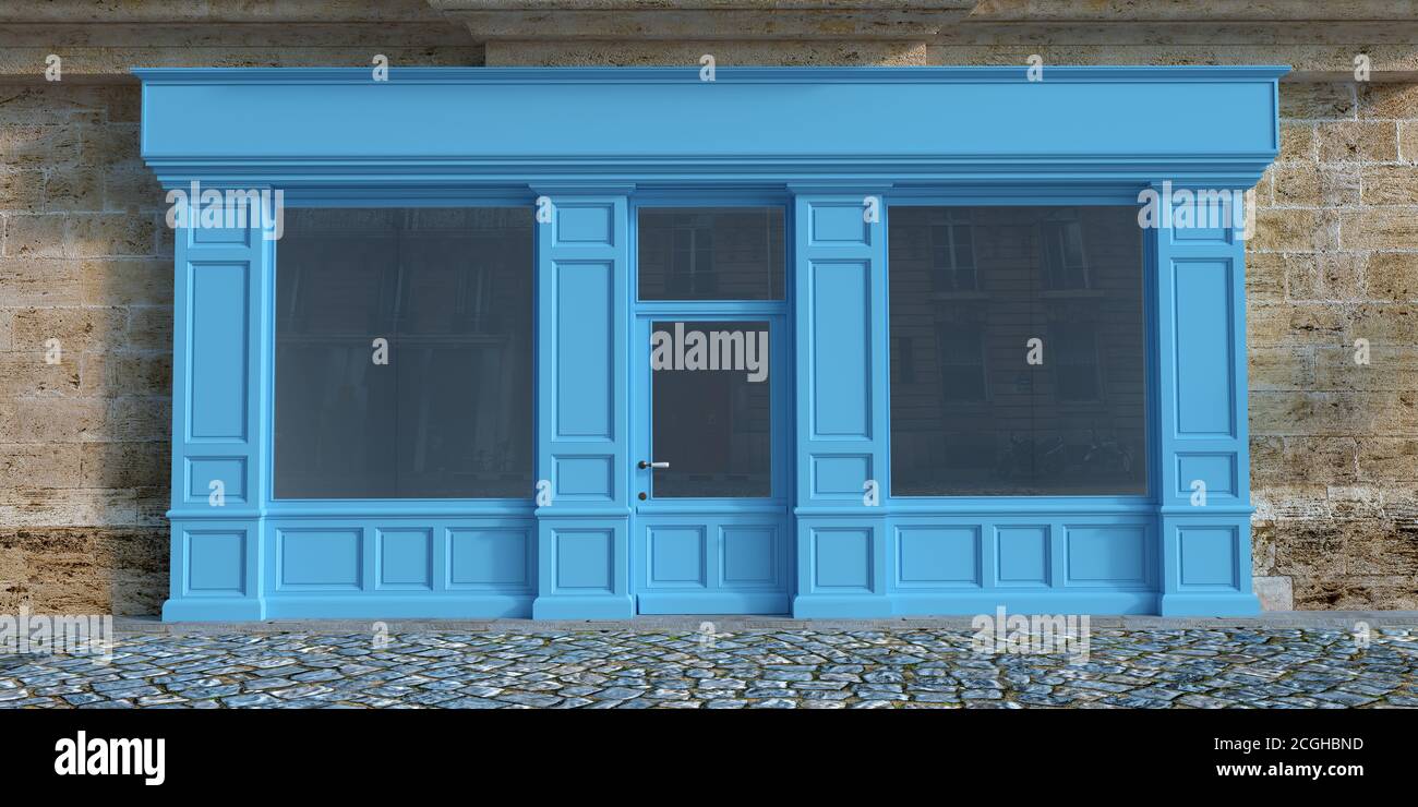 3D rendering of a traditional storefront façade with blue wood Stock ...