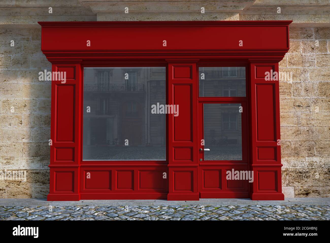3D rendering of a traditional storefront façade with red wood Stock ...