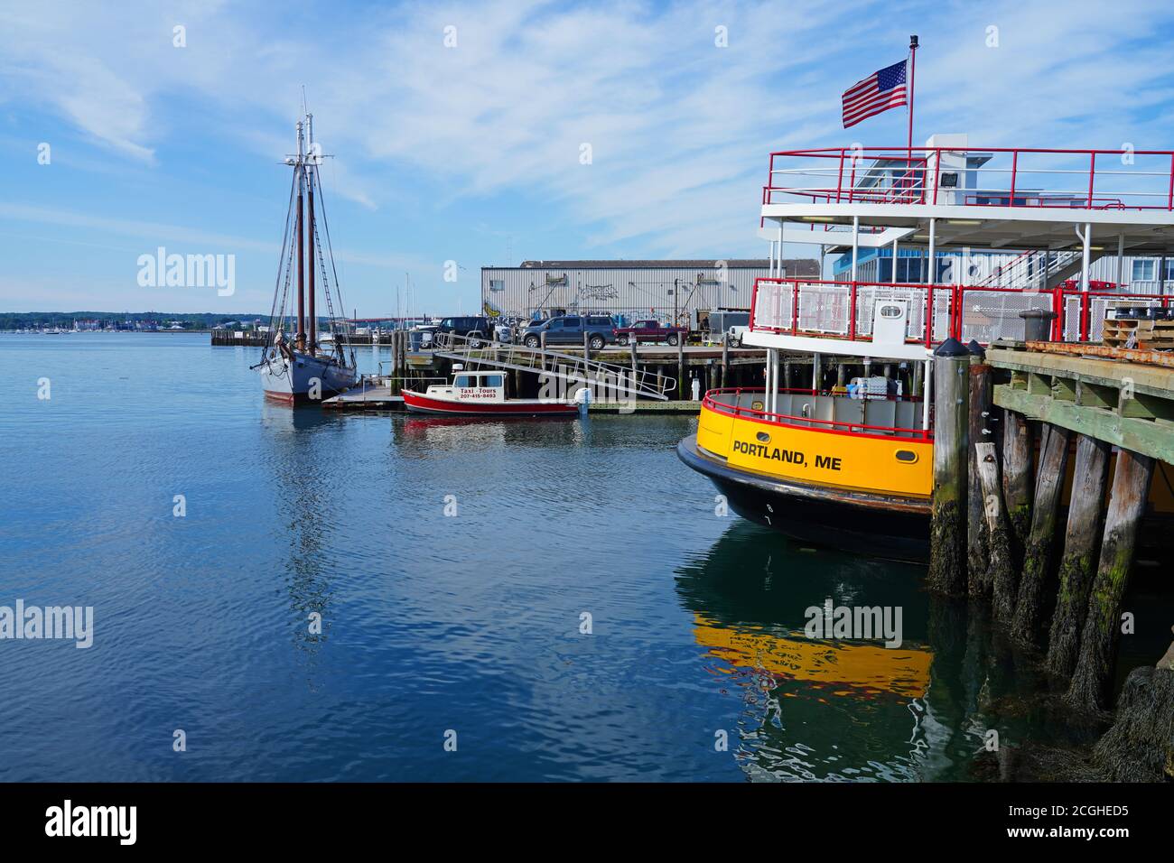 PORTLAND, ME -12 AUG 2020- View of a ferryboat from the Casco Bay ...