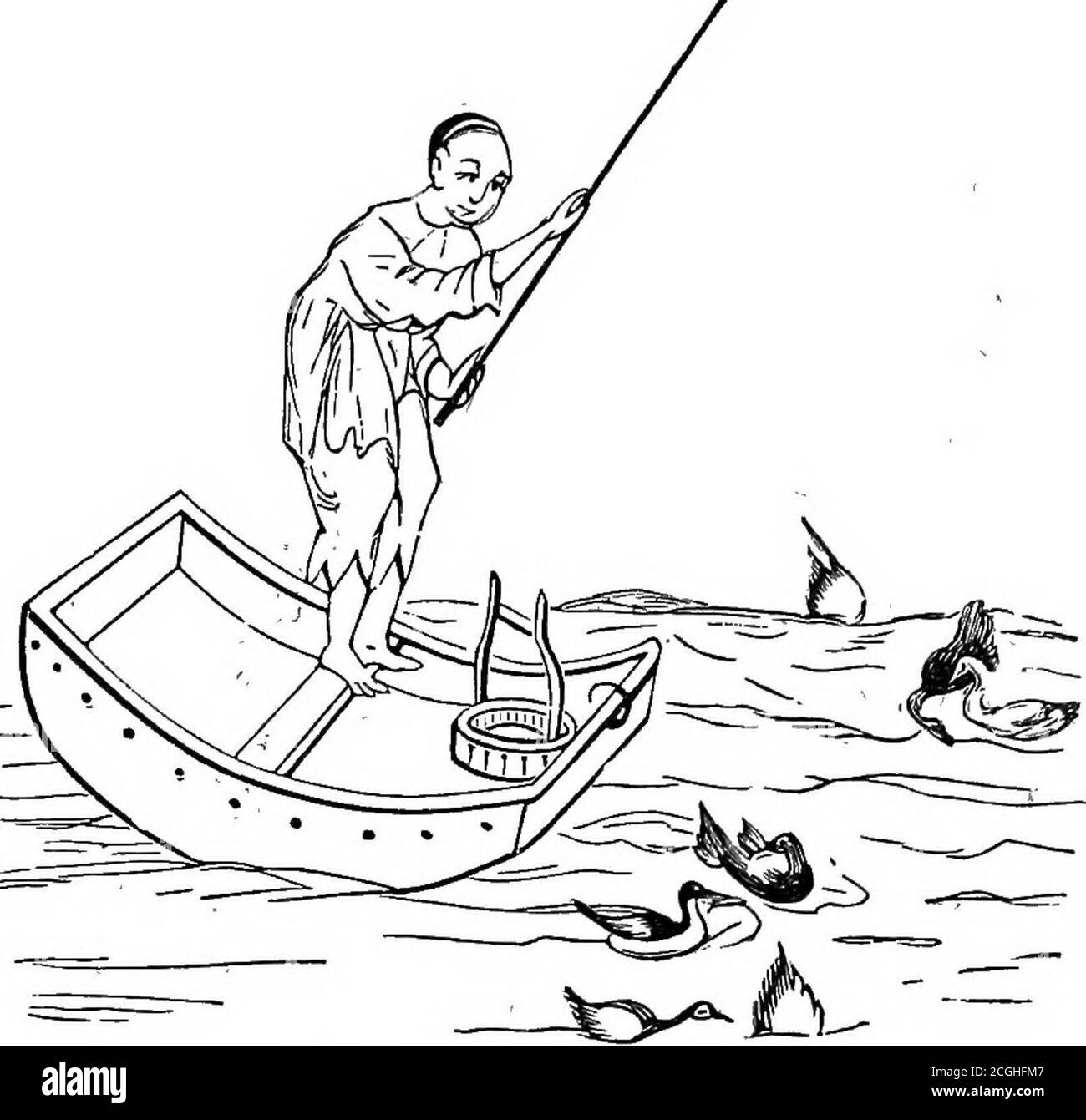 Fisherman with water cormorants birds Black and White Stock Photos ...