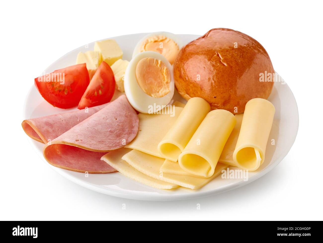 breakfast plate of cheese and ham sausage isolated on white background ...