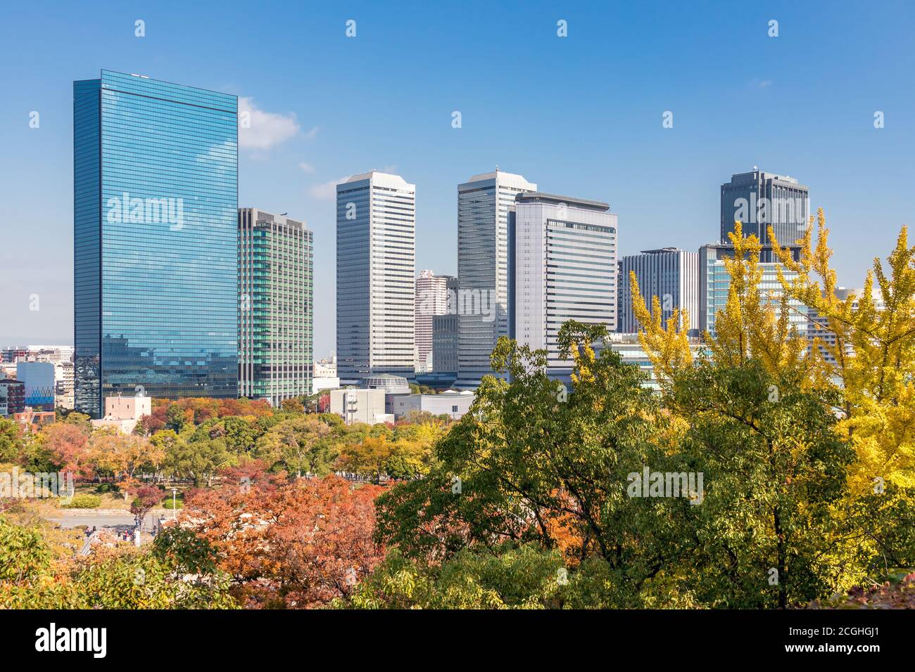 Beautiful cityscape of Osaka in autumn, group of skyscrapers with ...