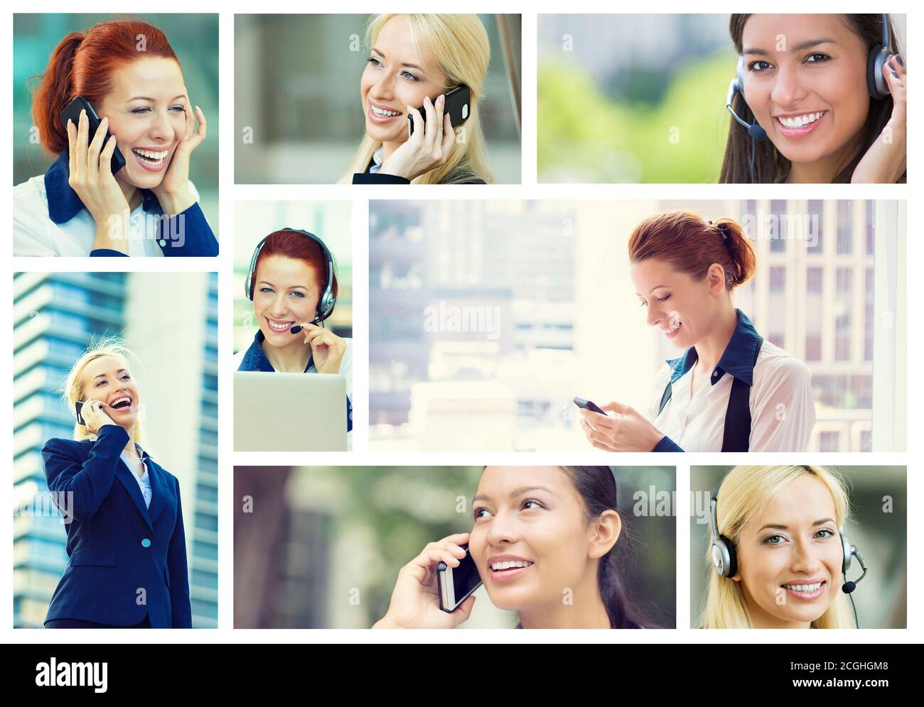 Call center service and happy clients concept. Collage of customer ...