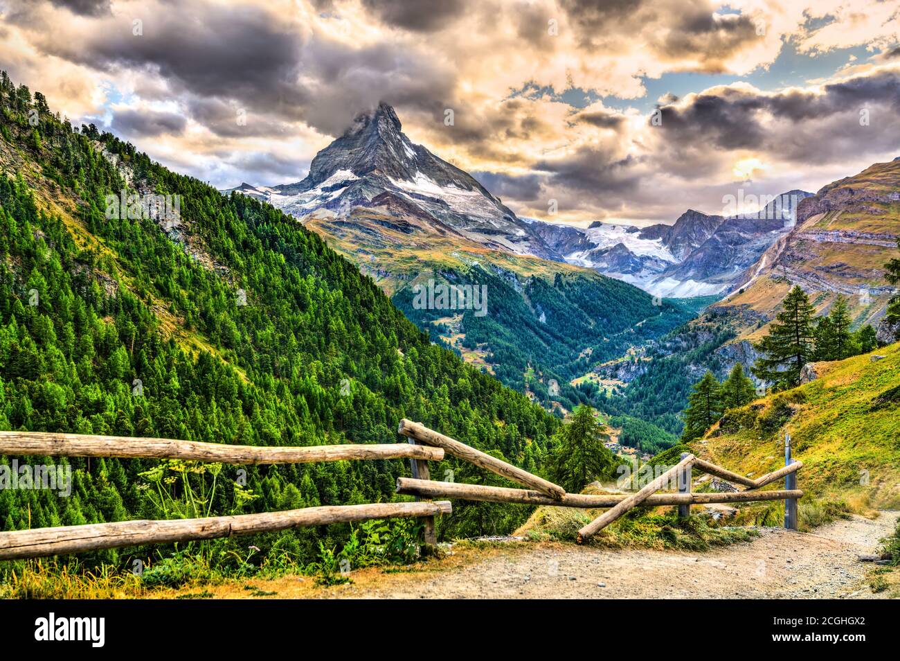 View of Matterhorn mountain from a panoramic trail near Zermatt ...