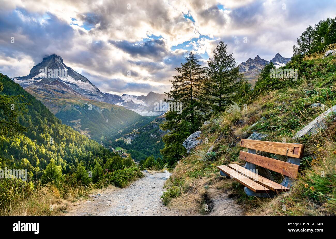 View of Matterhorn mountain from a panoramic trail near Zermatt ...