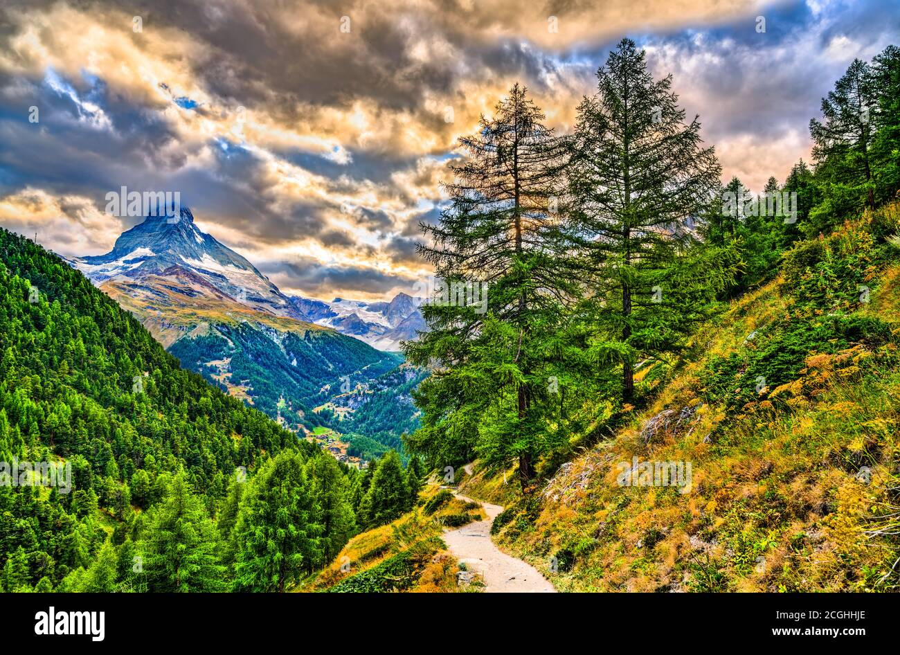 View of Matterhorn mountain from a panoramic trail near Zermatt ...