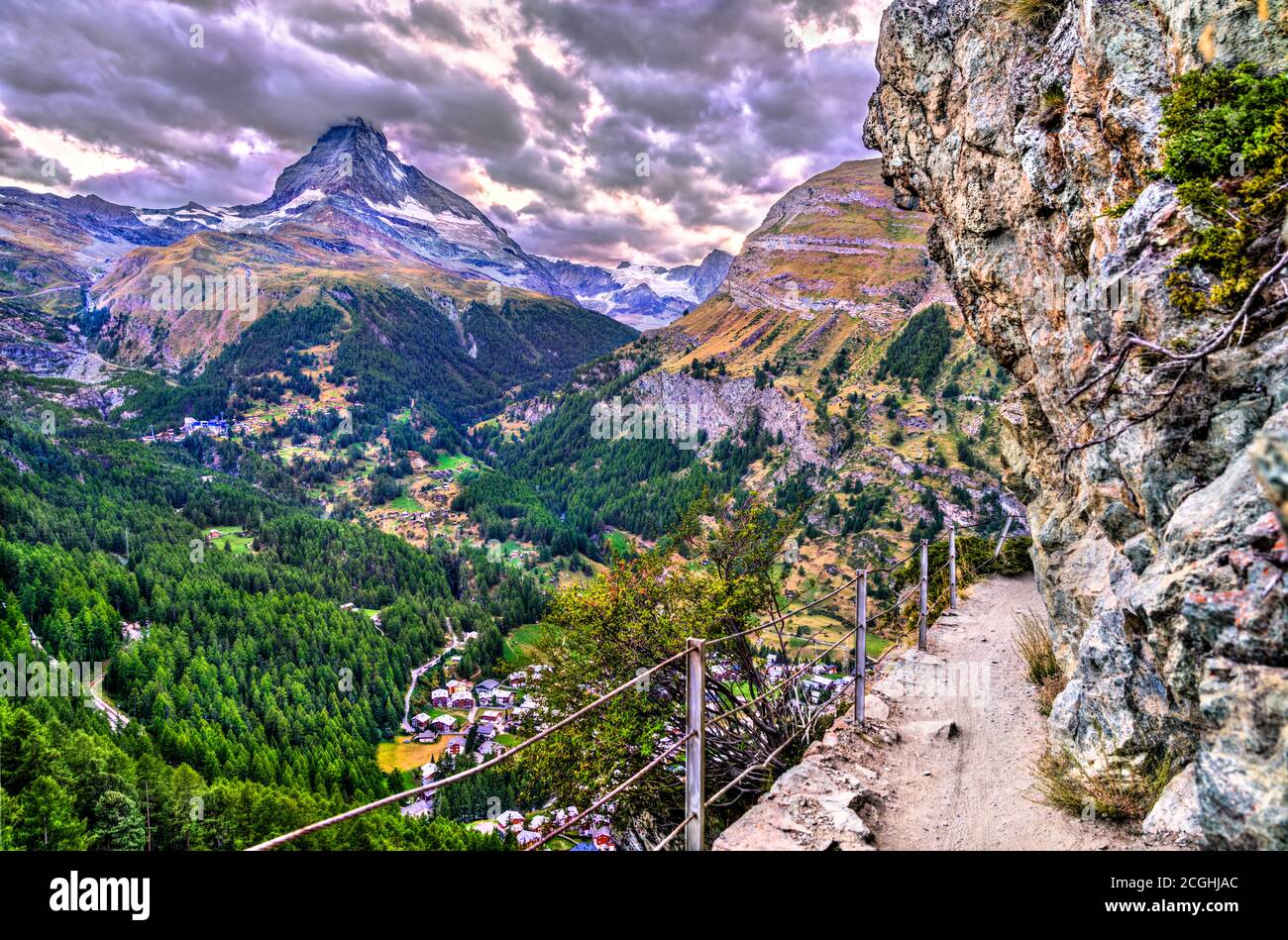 View of Matterhorn mountain from a panoramic trail near Zermatt ...