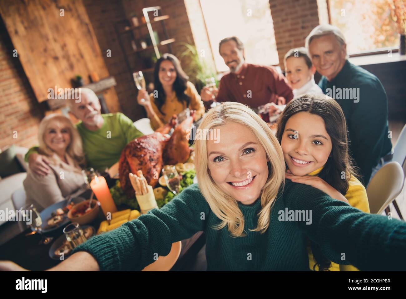 Self-portrait of nice attractive cheerful big full family grandparents ...