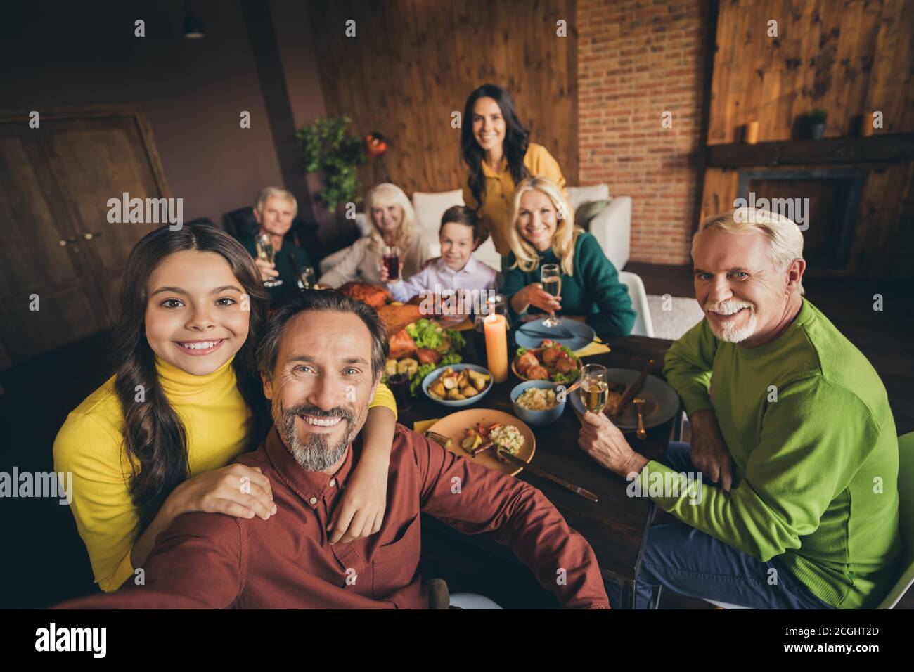 Self-portrait of attractive cheerful family brother sister gathering ...