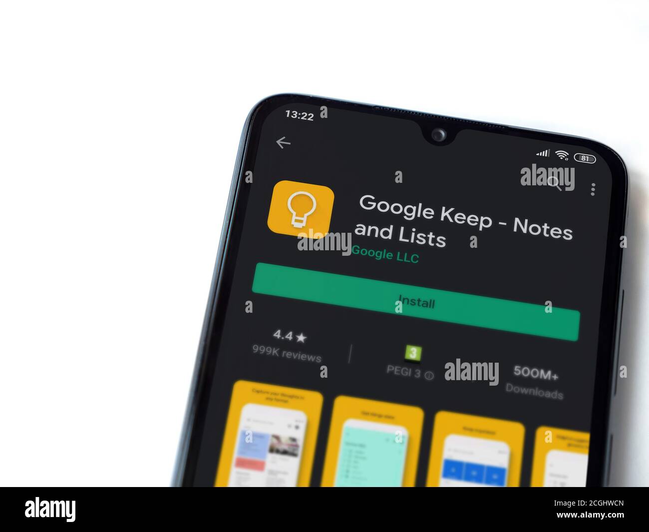 Lod, Israel - July 8, 2020: Google Keep app play store page on the display of a black mobile ...