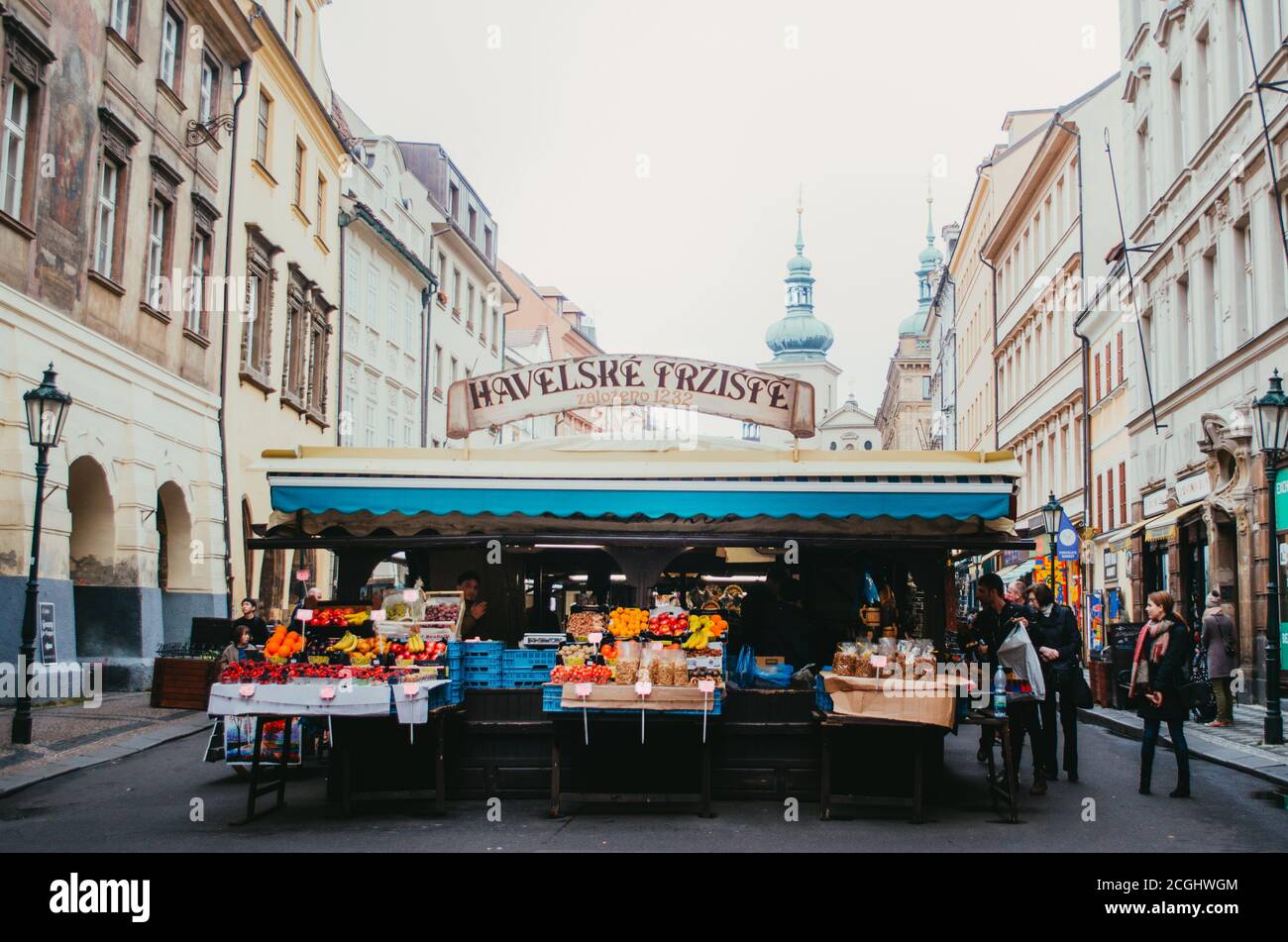 Prague, Czechia - Front view of the Havelské tržiště, the oldest market ...