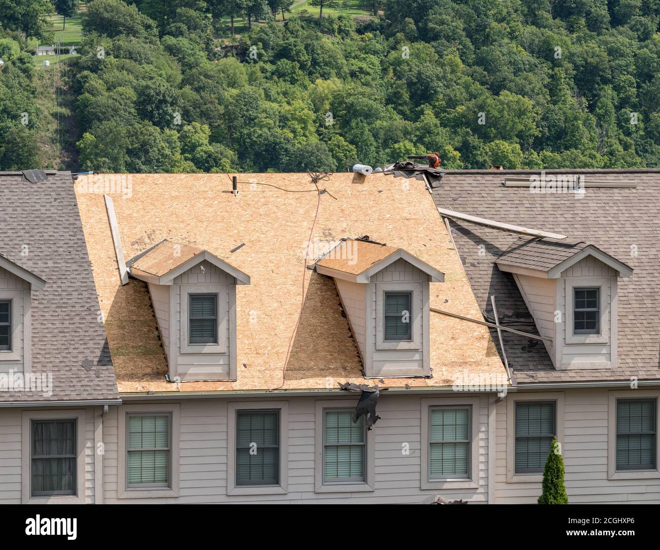 Roofing contractor has removed all the old tiles from townhouse roof ...