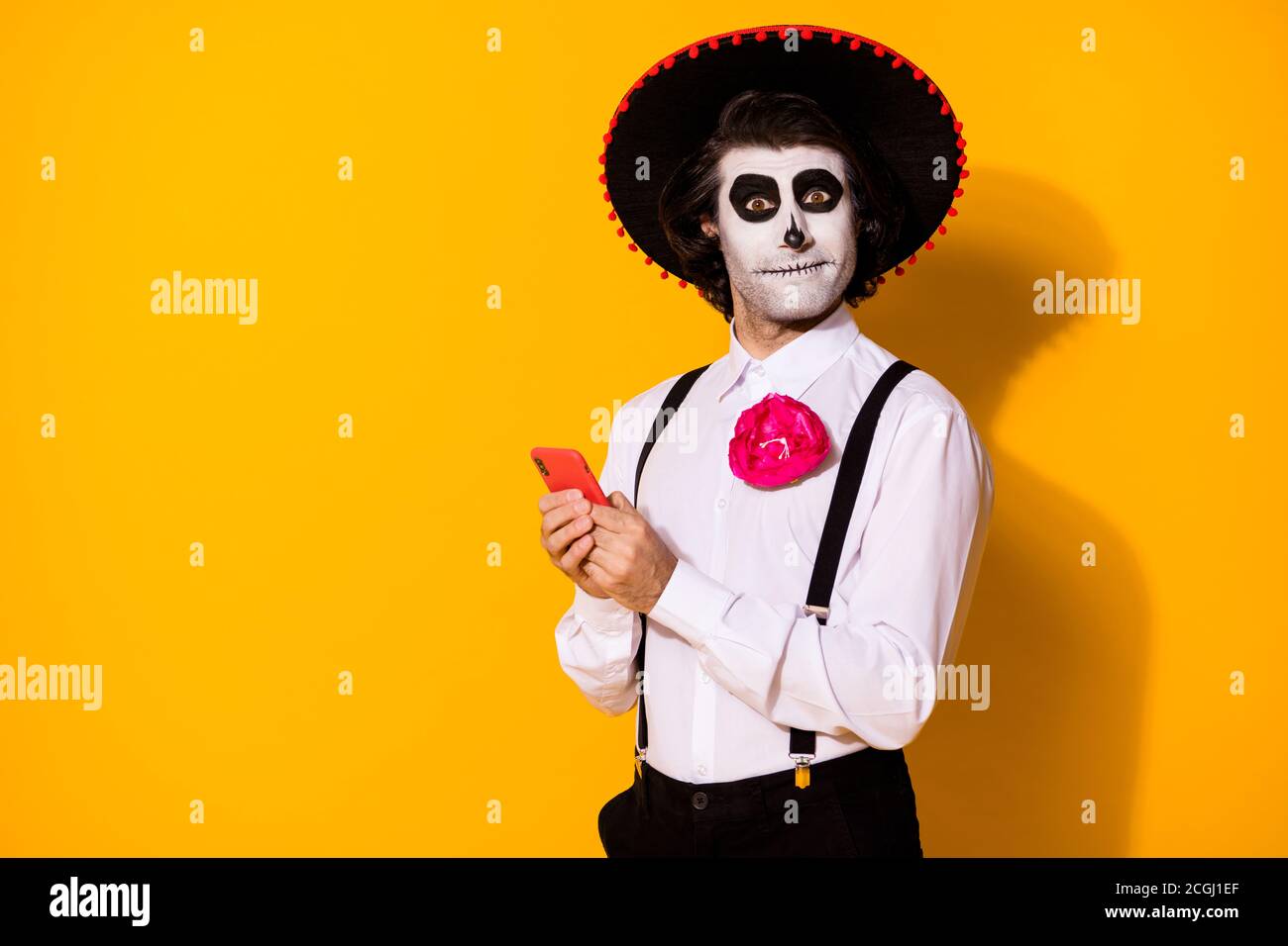 Close-up portrait of his he nice handsome cheery funny spooky guy ...