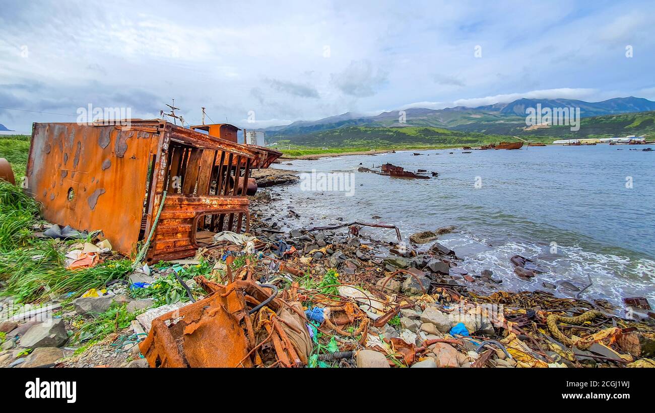 Plastic rubbish pollution in ocean. Ship ropes and nets thrown directly ...