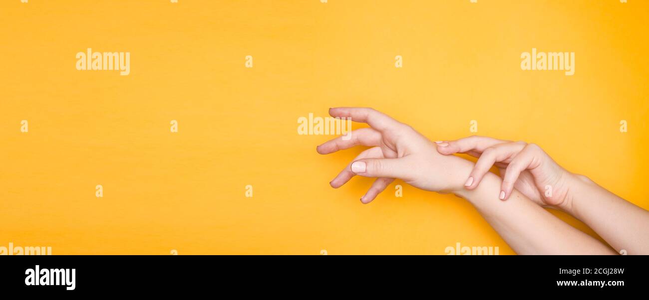 Beautiful female hands reach for something. Yellow background ...