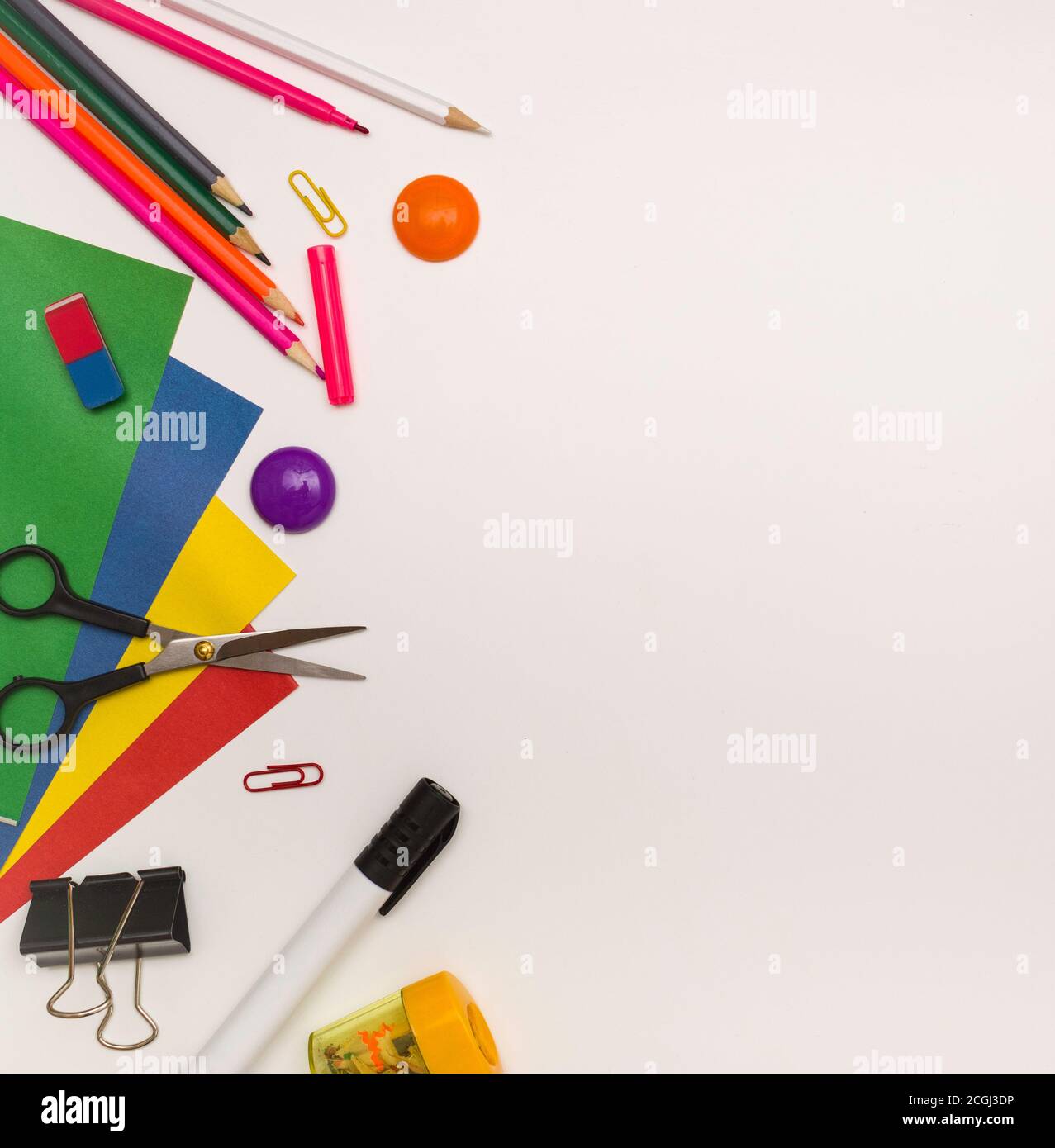 School mockup. Office supplies on a white background, free space for ...