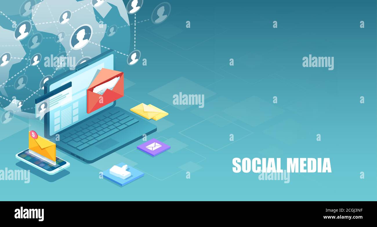 Vector of a laptop computer connecting multiple people via social media ...